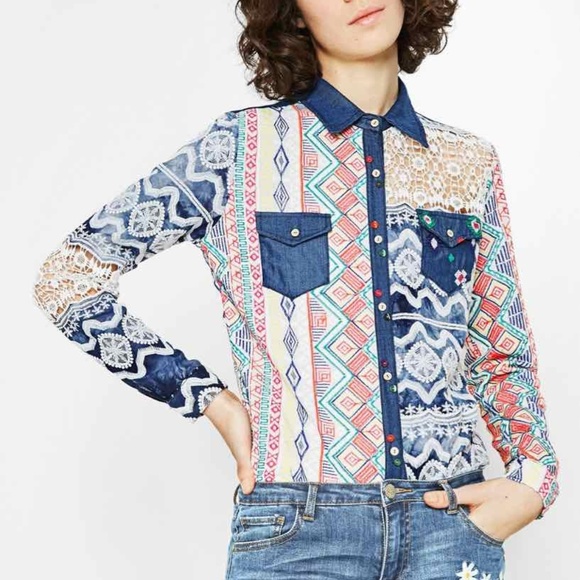 Desigual | Tops | Desigual Mauricia Button Down Denim Crochet Top ...